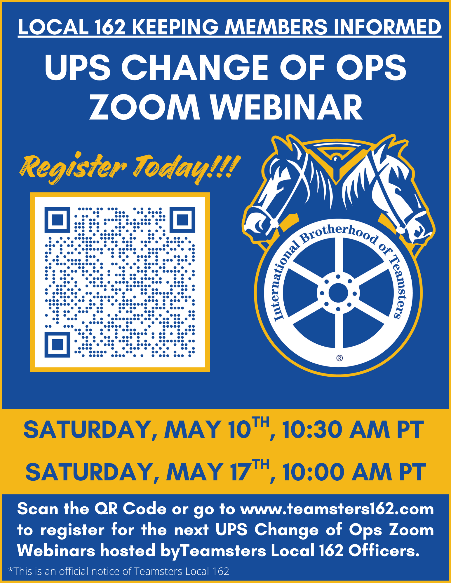Local 162 Officers will host webinars on Saturday, May 10th at 10:30 AM ...